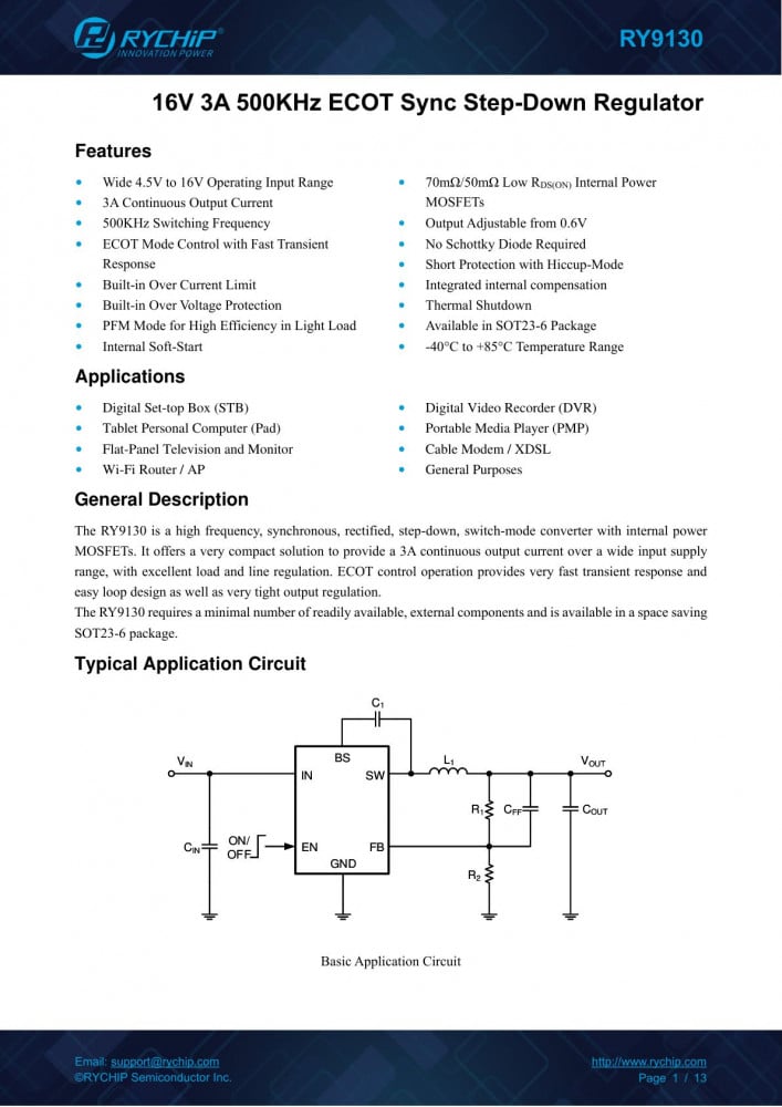 RY9130 datasheet page 1