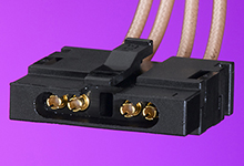 DIN 1.0/2.3 Plug, Right-Angle, PCB Receptacle, Through Hole, 1-by-4 Male Header, Ganged, 75 Ohms
