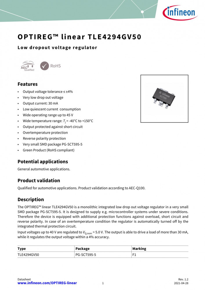 TLE4294GV50 datasheet page 1