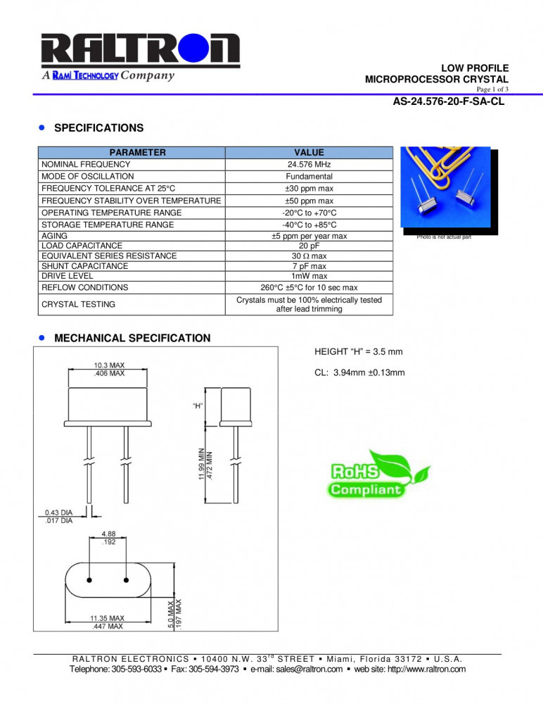 Raltron AS-24.576-20-F-SA-CL datasheet page 1
