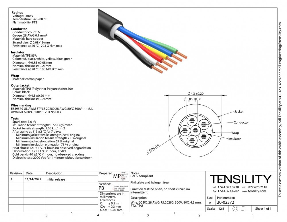 Tensility International 30-02372 cable specification drawing