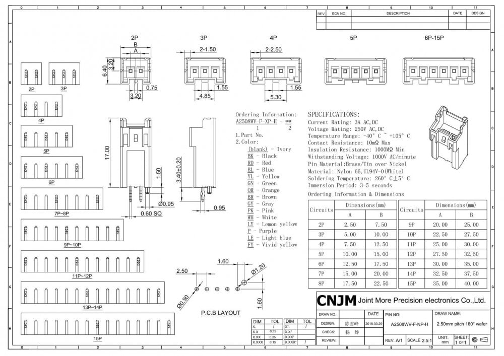 CNJM 2.50 mm pitch 180 degree wafer drawing