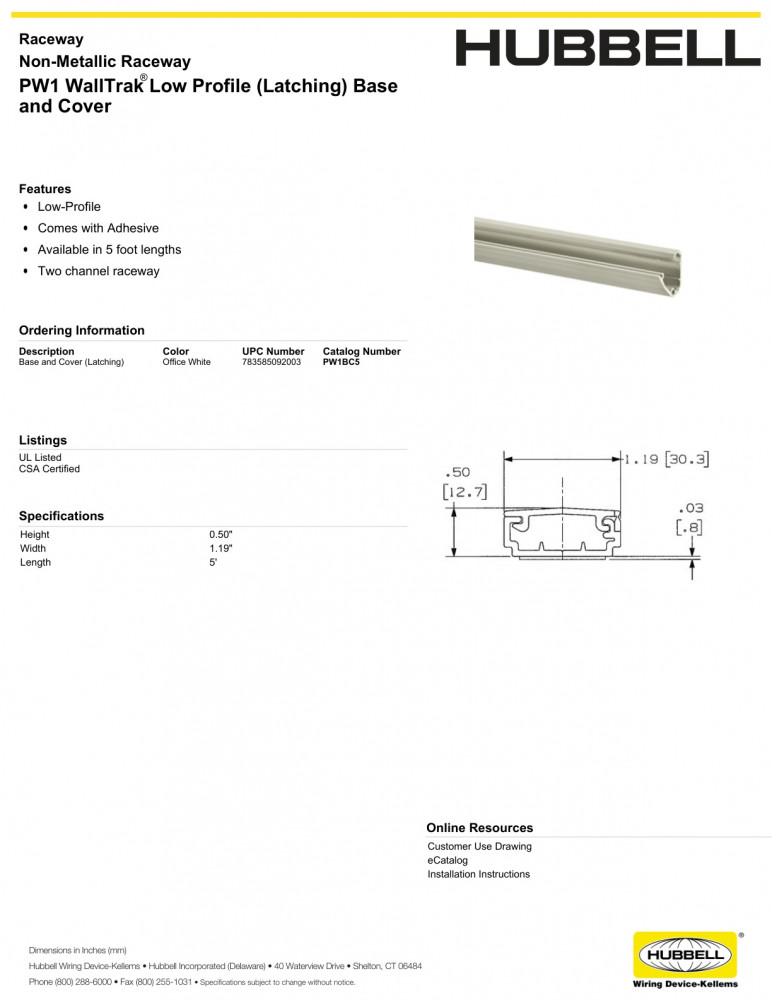 PW1BC5 WallTrak raceway product documentation image
