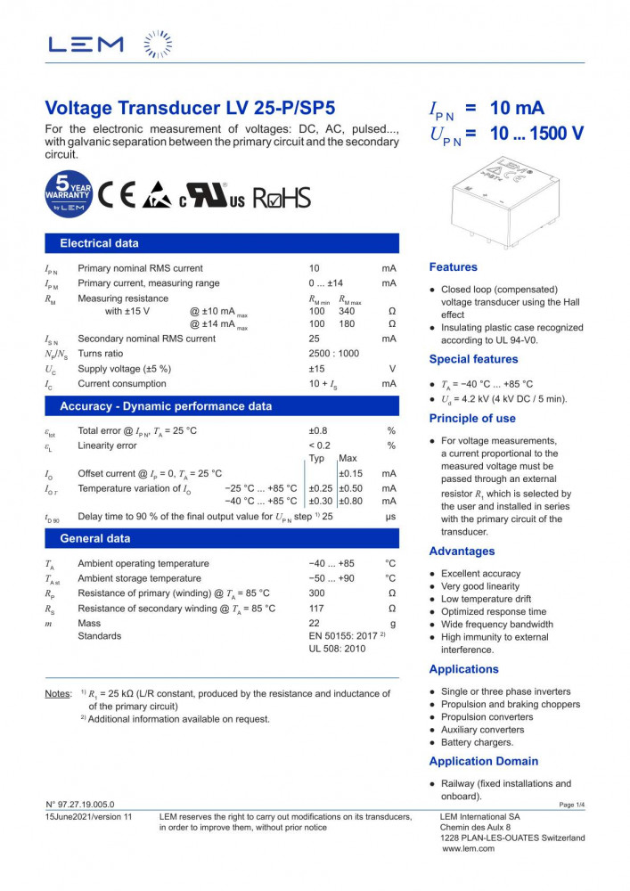 LV25-P/SP5 datasheet page 1