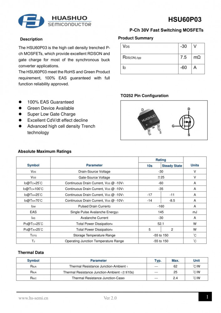 HSU60P03 datasheet page 1