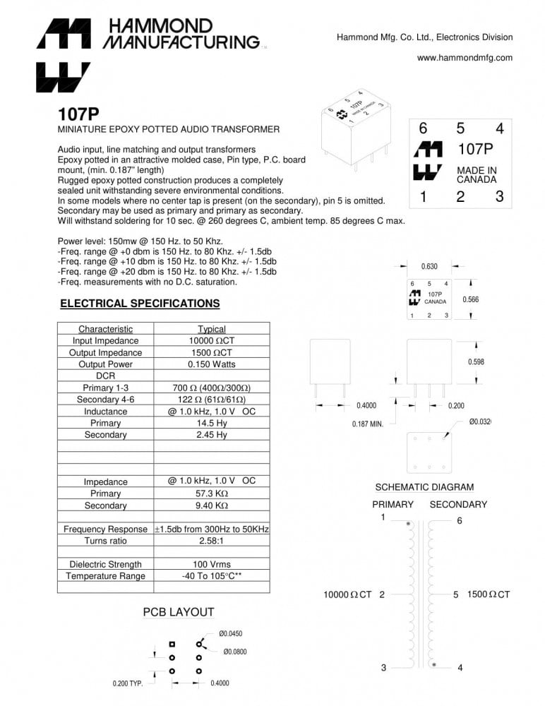 Hammond 107P technical document page 1