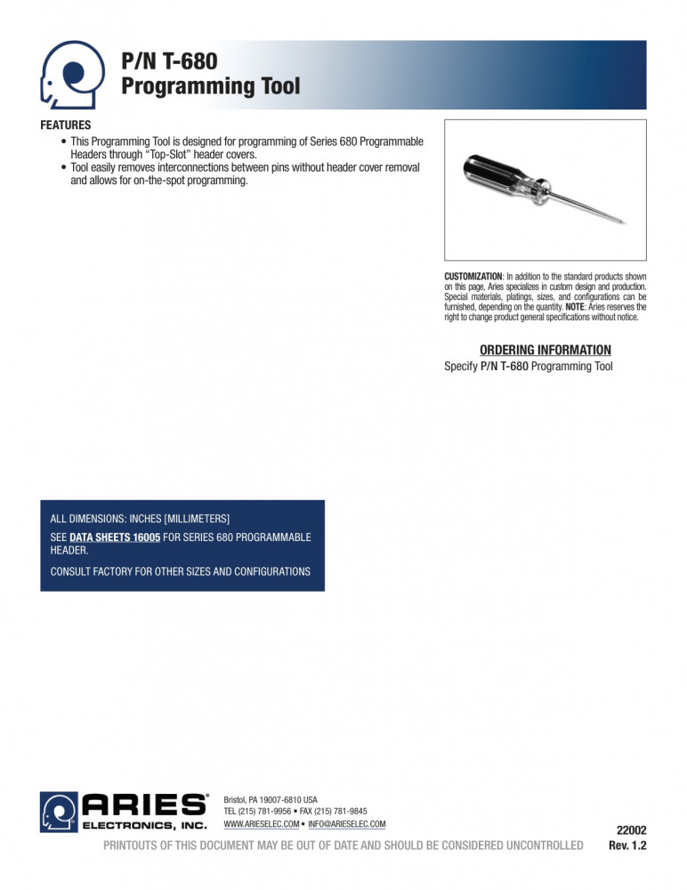 Product documentation visual for Aries Series 680 programming tool