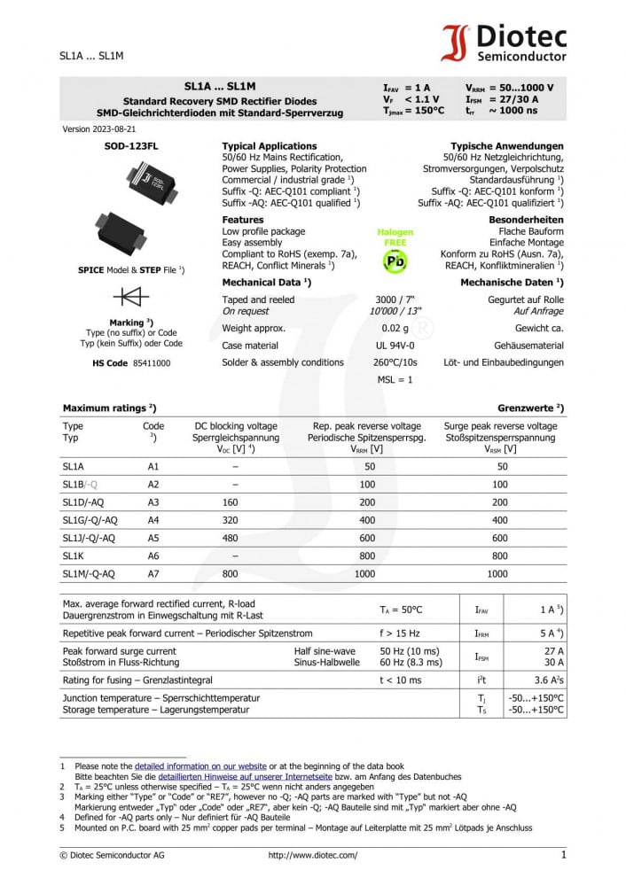 DIOTEC SL1M datasheet page 1