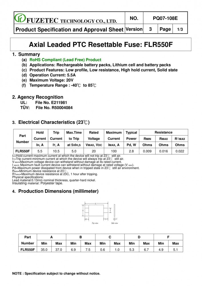 FLR550F specification sheet page 1