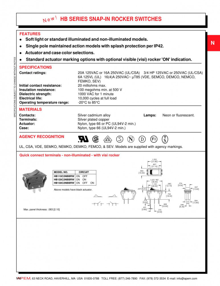 APEM HB110 series technical document page 1
