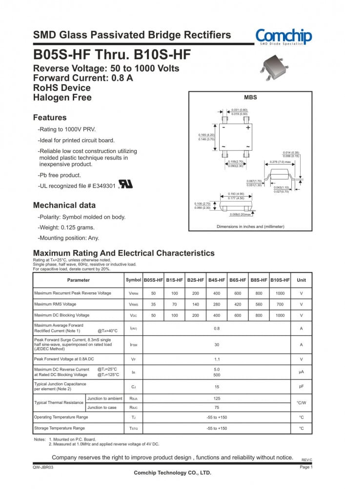 Comchip B6S-HF datasheet page 1