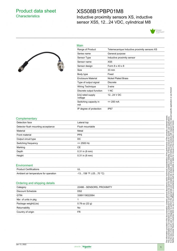 XS508B1PBP01M8 technical document page 1