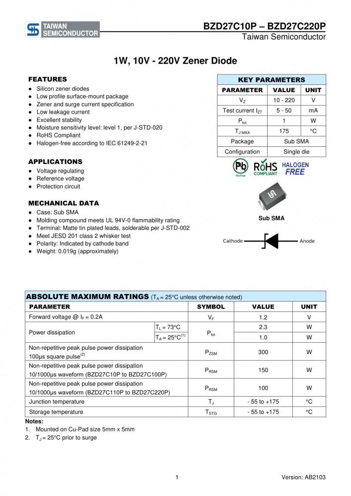 Taiwan Semiconductor BZD27C series datasheet page 1