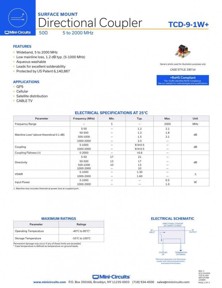 TCD-9-1W+ product features and electrical specifications