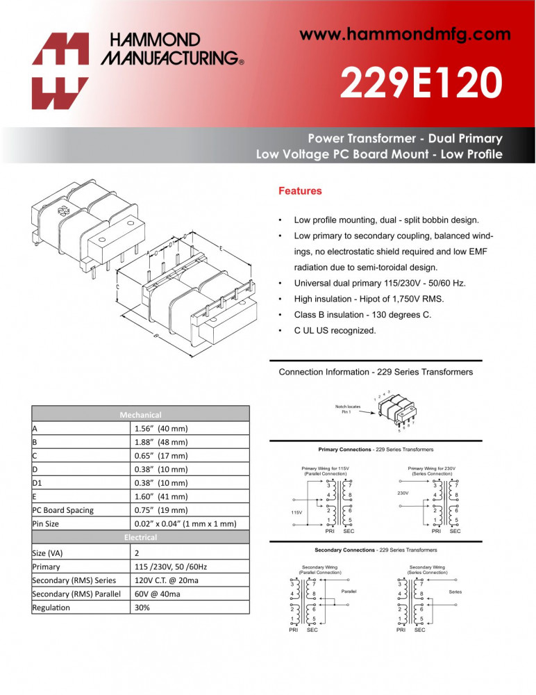Hammond 229 Series transformer technical document
