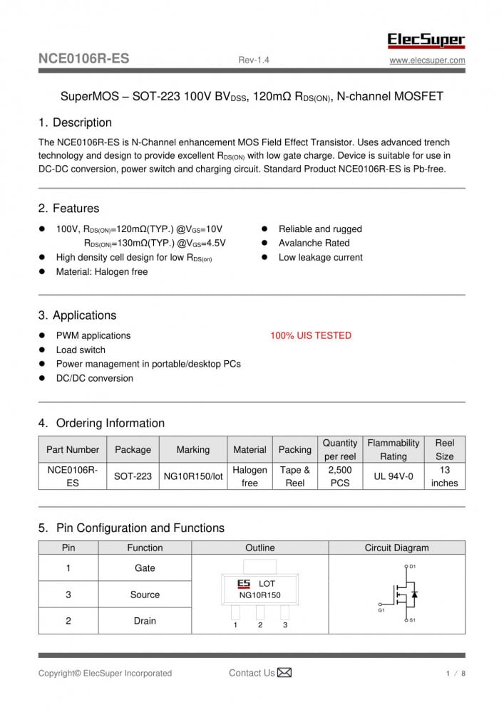 NCE0106R-ES datasheet page 1