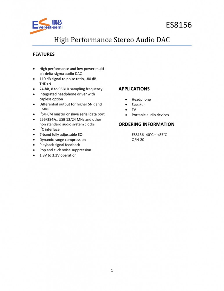 ES8156 datasheet page 1