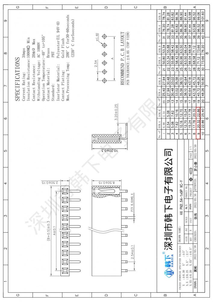 HX PM2.54-1x9P WC-Y specification page 1