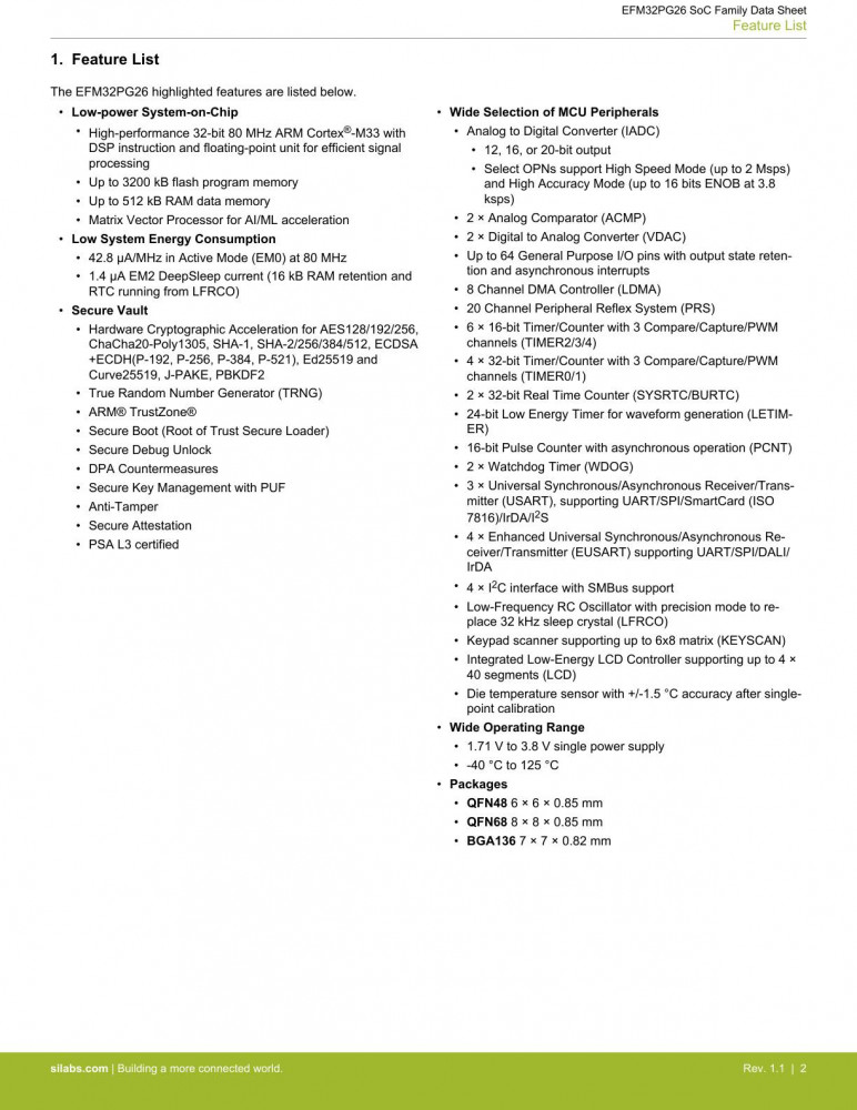 EFM32PG26 datasheet preview, page 2