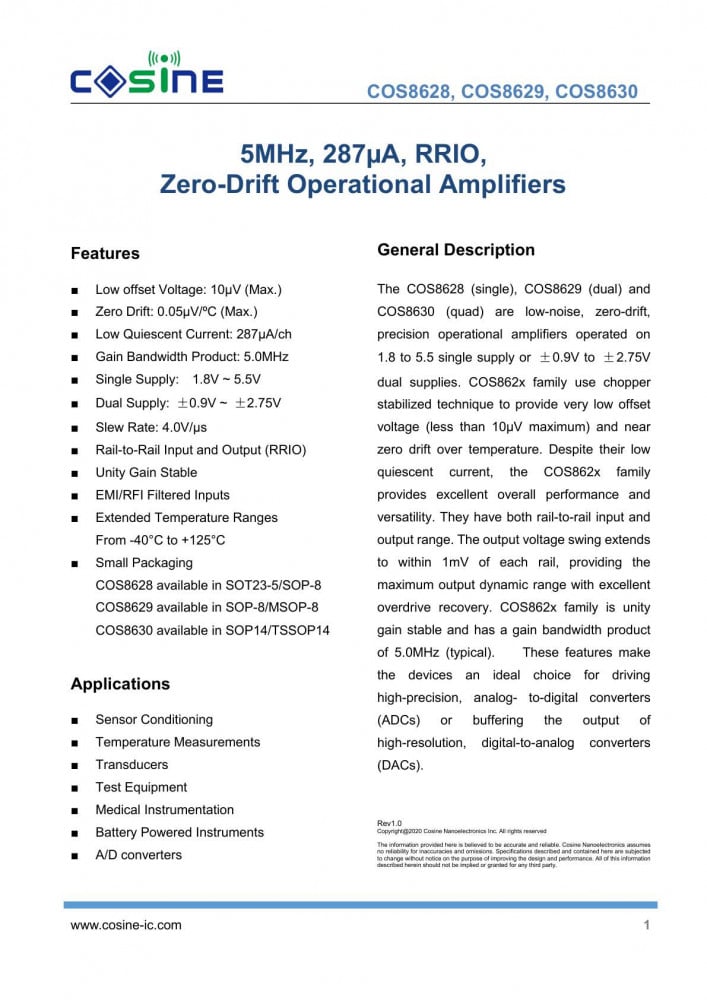 COS8629 datasheet page 1