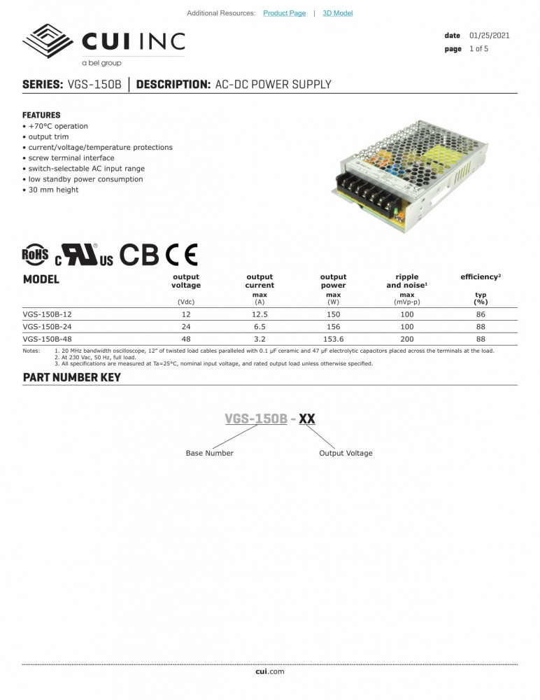 CUI VGS-150B-24 datasheet page 1