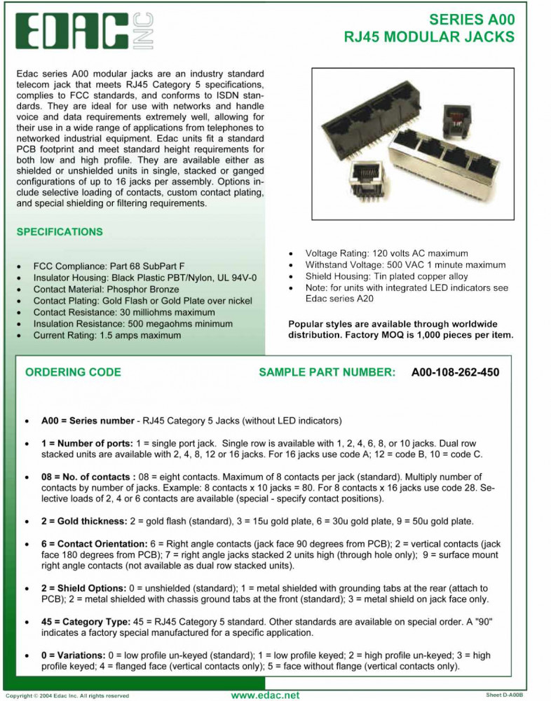 EDAC A00 series technical document page