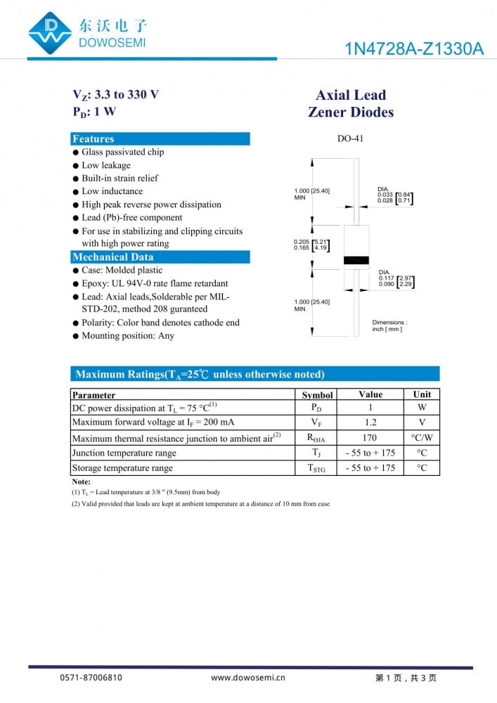 1N4746A datasheet page 1
