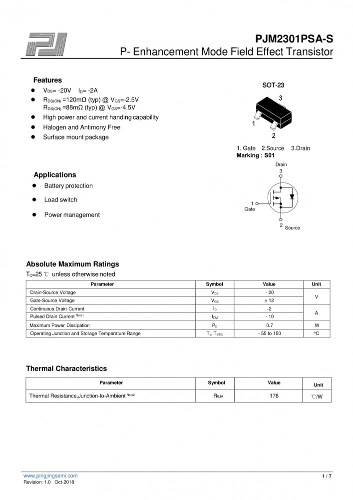 PJM2301PSA-S datasheet page 1