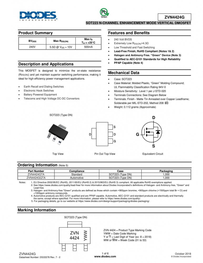 ZVN4424GTA datasheet page 1