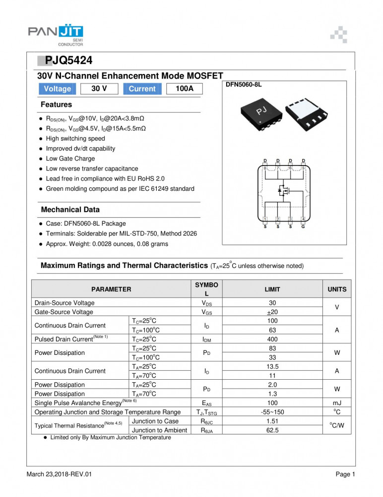 PJQ5424 datasheet page 1