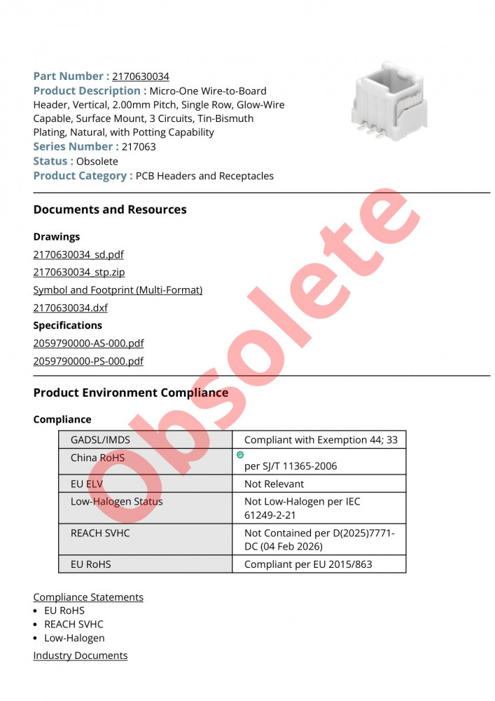 Technical document page 1 for MOLEX 2170630034