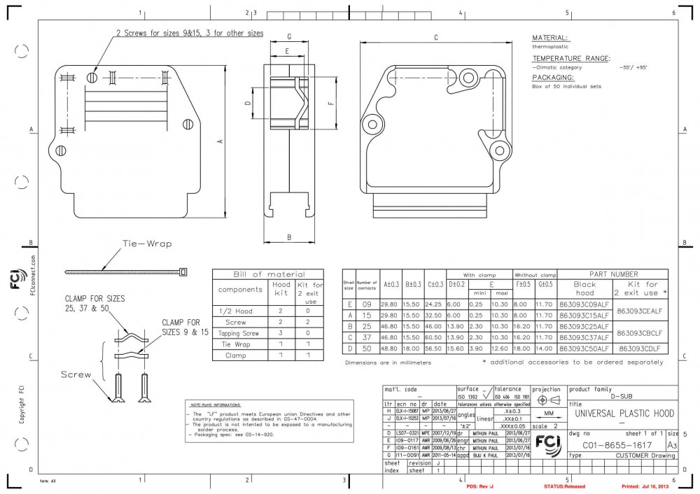 Amphenol 863093C09ALF universal plastic hood drawing
