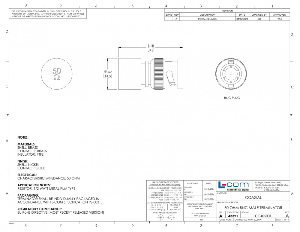 L-com LCC405001 BNC plug engineering drawing preview