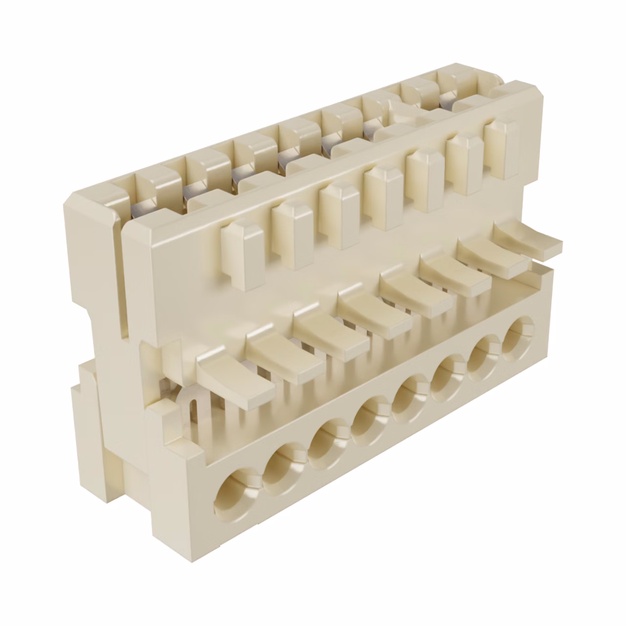 Appli-Mate RAST 2.5 Connector, 2.50mm Pitch, Female, 8 Circuits, Positions A and I Removed, Polarizing Rib Between 3/4, Locking Pips, Slotted Endwalls, Tin Plating