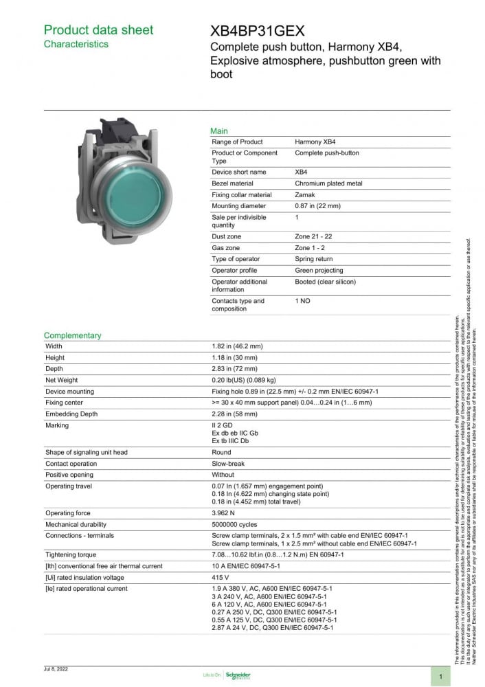XB4BP31GEX technical document page 1