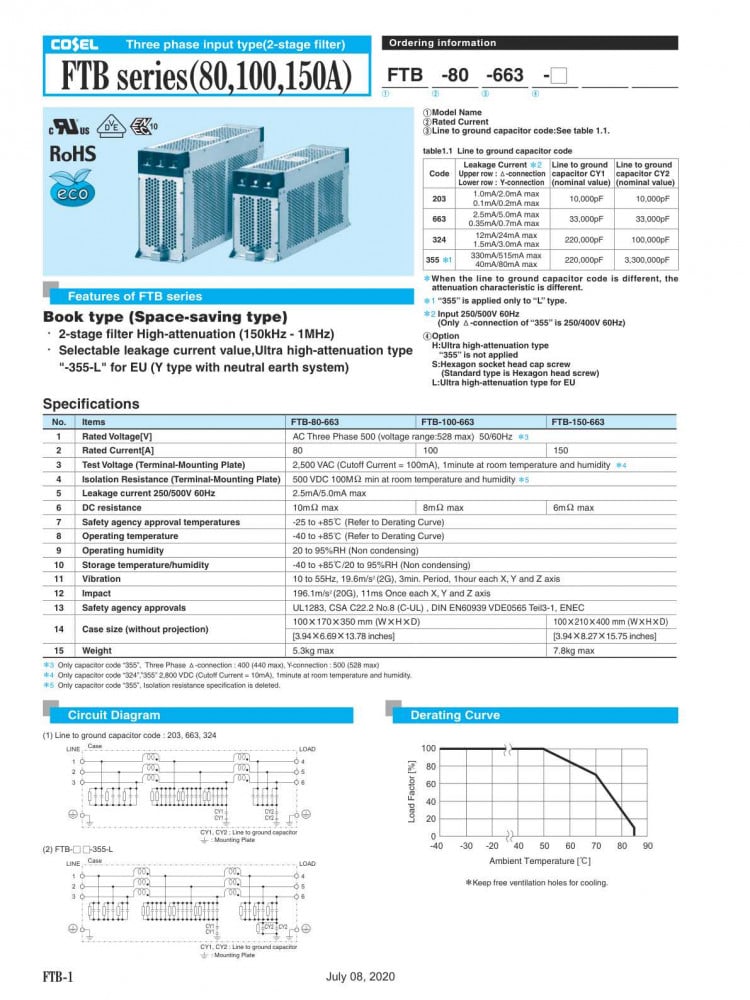 Cosel FTB series technical document page 1