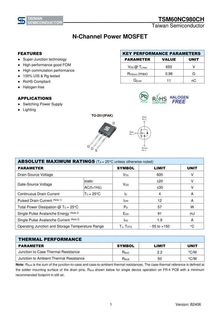 TSM60NC980CH datasheet page 1