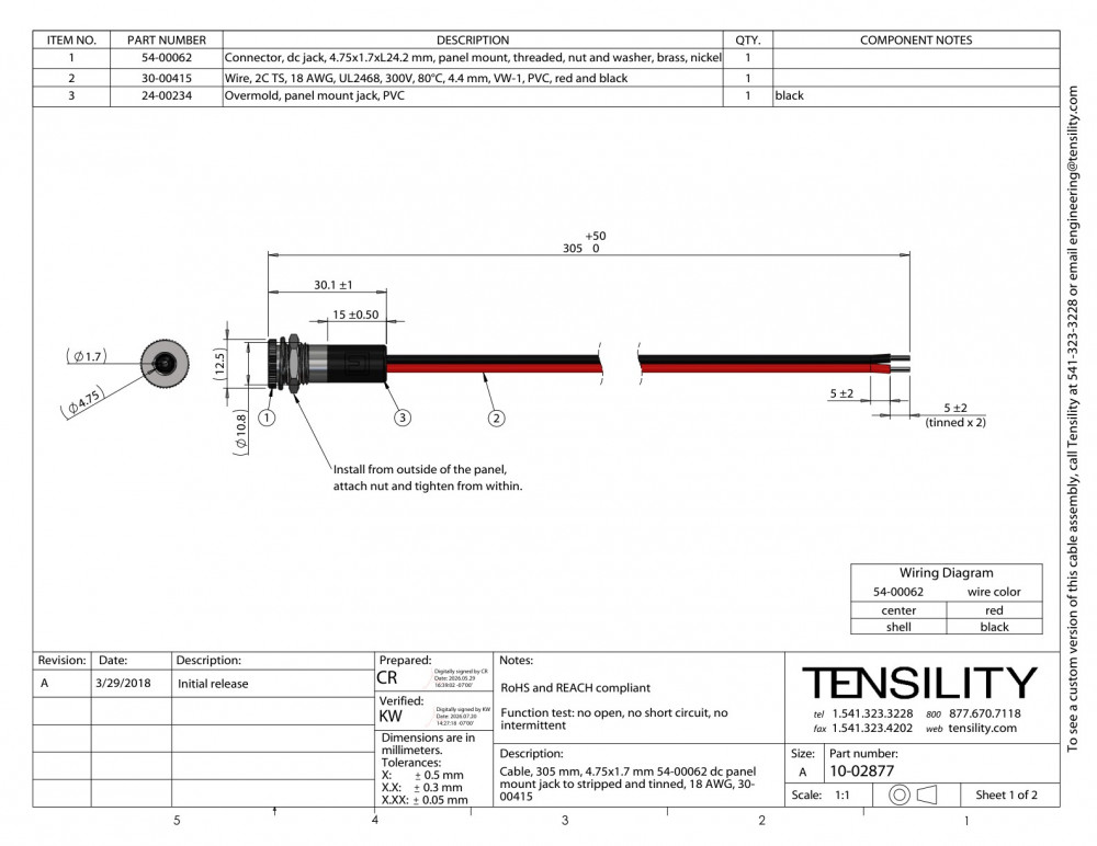 Tensility 10-02877 product drawing, page 1