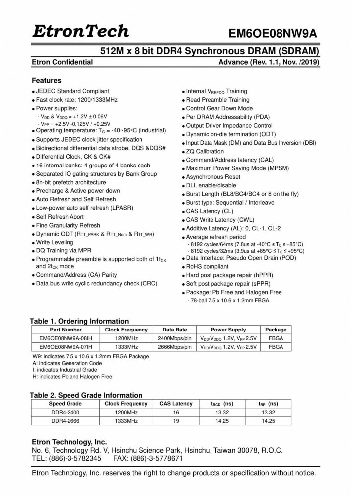 Etron EM6OE08NW9A-07IH datasheet page 1