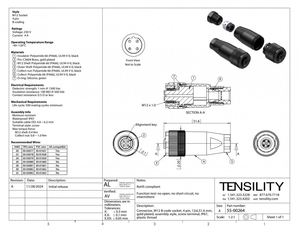 55-00264 M12 B-coded 4-pin socket product drawing