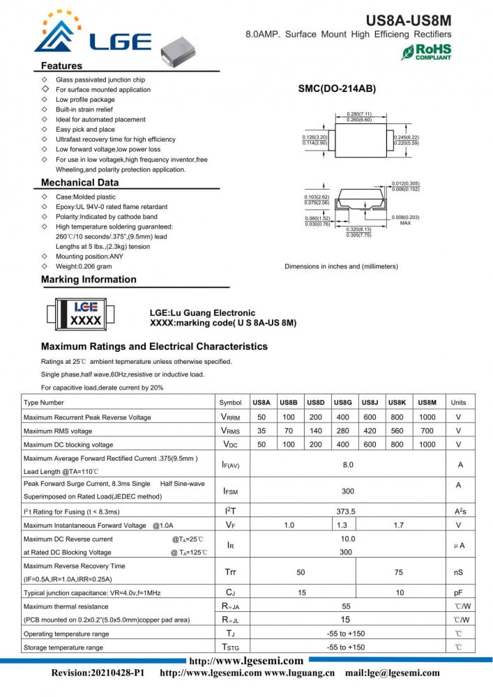 LGE US8M datasheet page 1