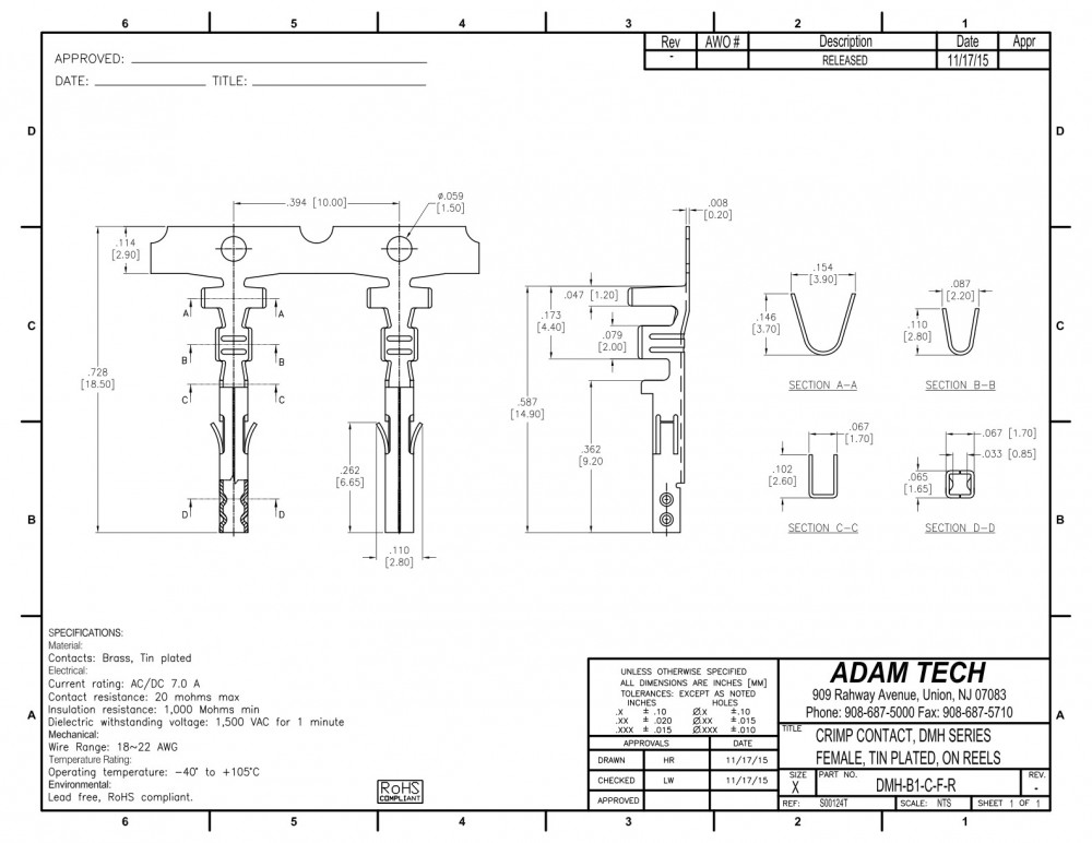 ADAM TECH DMH series female crimp contact product drawing