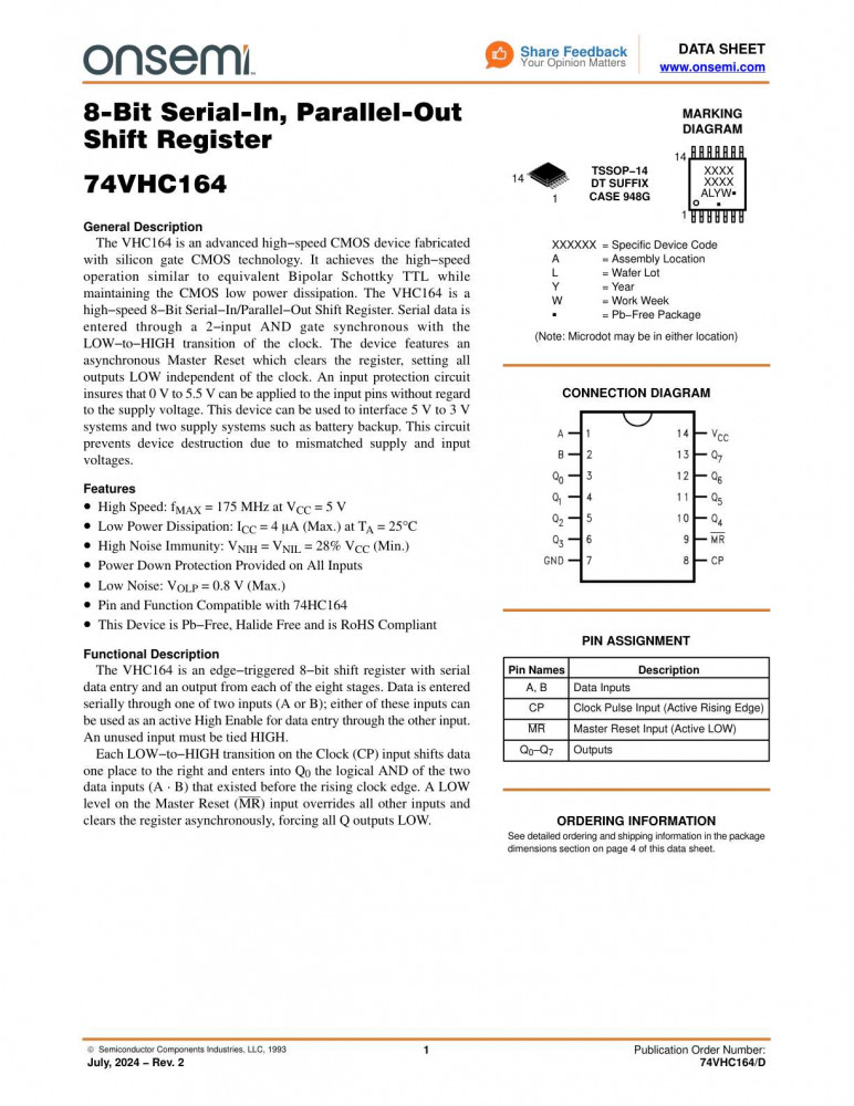 74VHC164 technical document preview, page 1