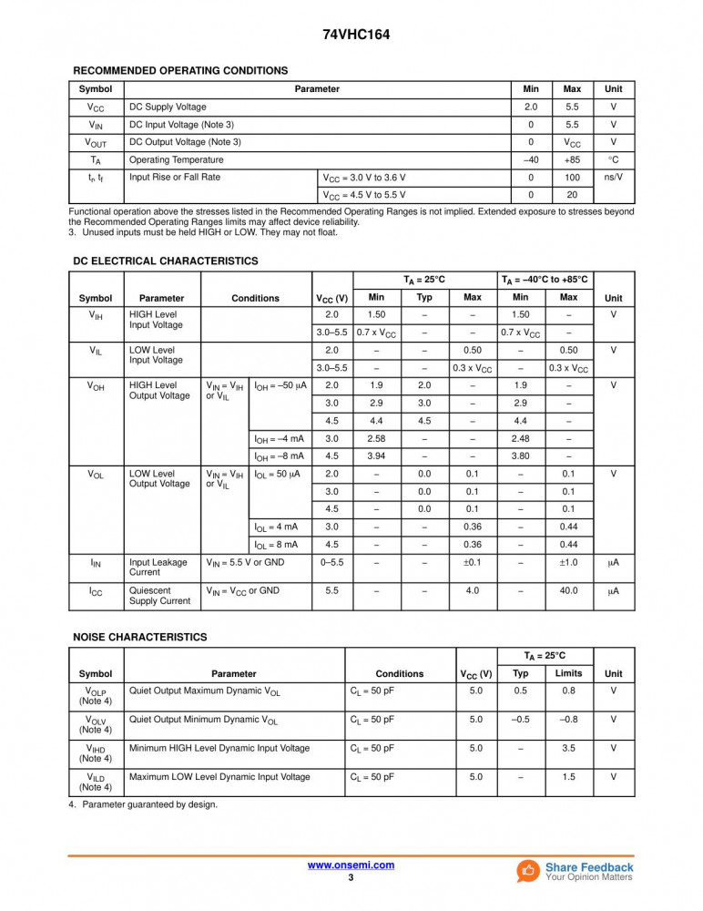 74VHC164 technical document preview, page 3