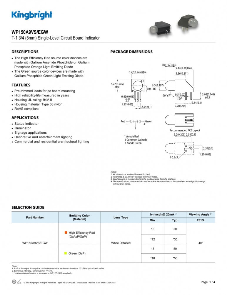 WP150A9VS/EGW datasheet page 1