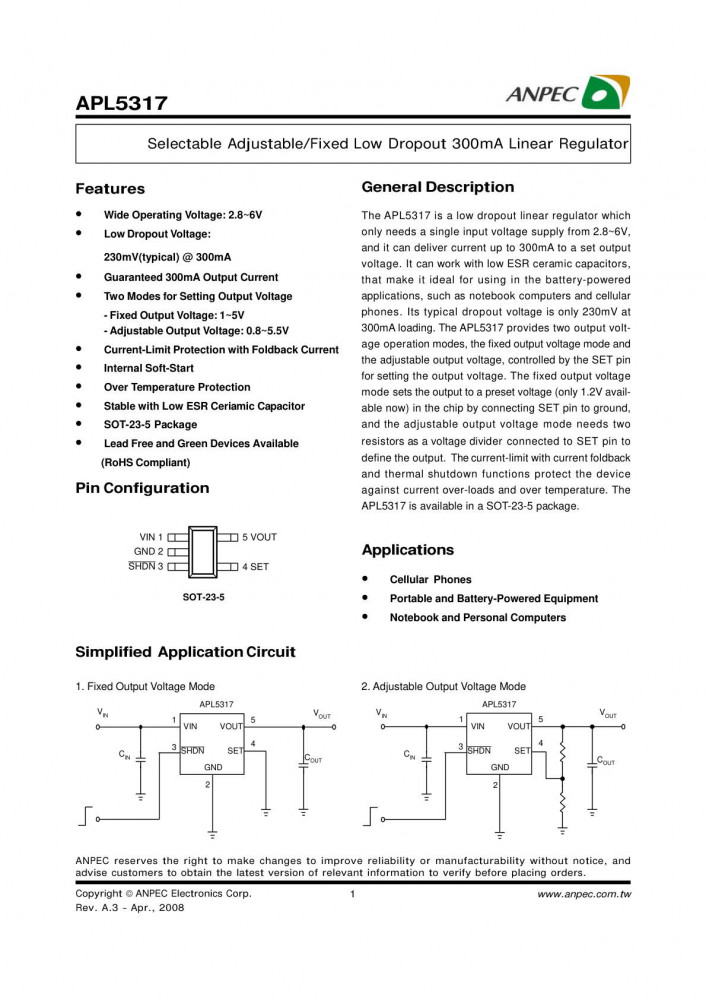 APL5317 datasheet page 1