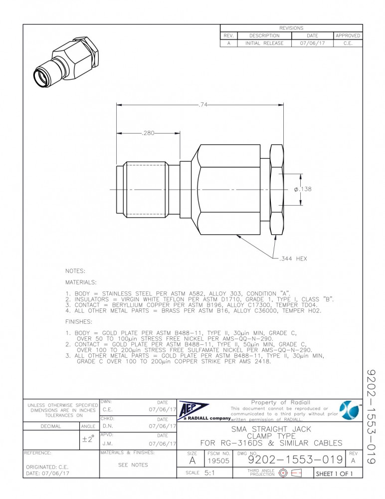 Radiall 9202-1553-019 product drawing, sheet 1