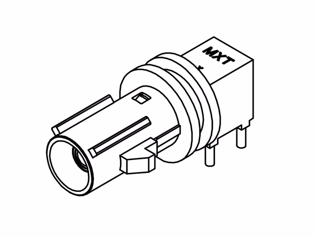 FAKRA Jack, Right-Angle, PCB Receptacle, Through Hole, Brass Body, Tin (Sn) Plated, Keying Code L, Carmine Red, 50 Ohms