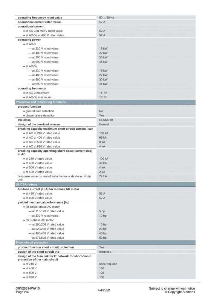3RV20314WA10 datasheet page 2