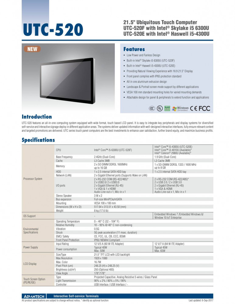 UTC-520FR-ATB0E technical datasheet page 1